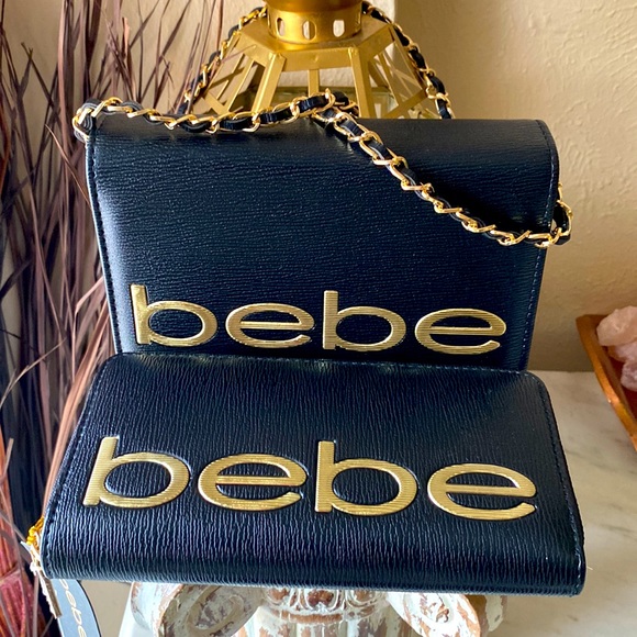 bebe | Bags | Bebe Fabiola Stamped Saffiano Wallet Crossbody Black Gold ...